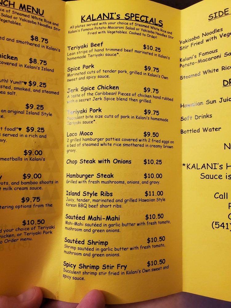 Menu at Kalani’s Hawaiian Food Truck and Catering restaurant, Eugene