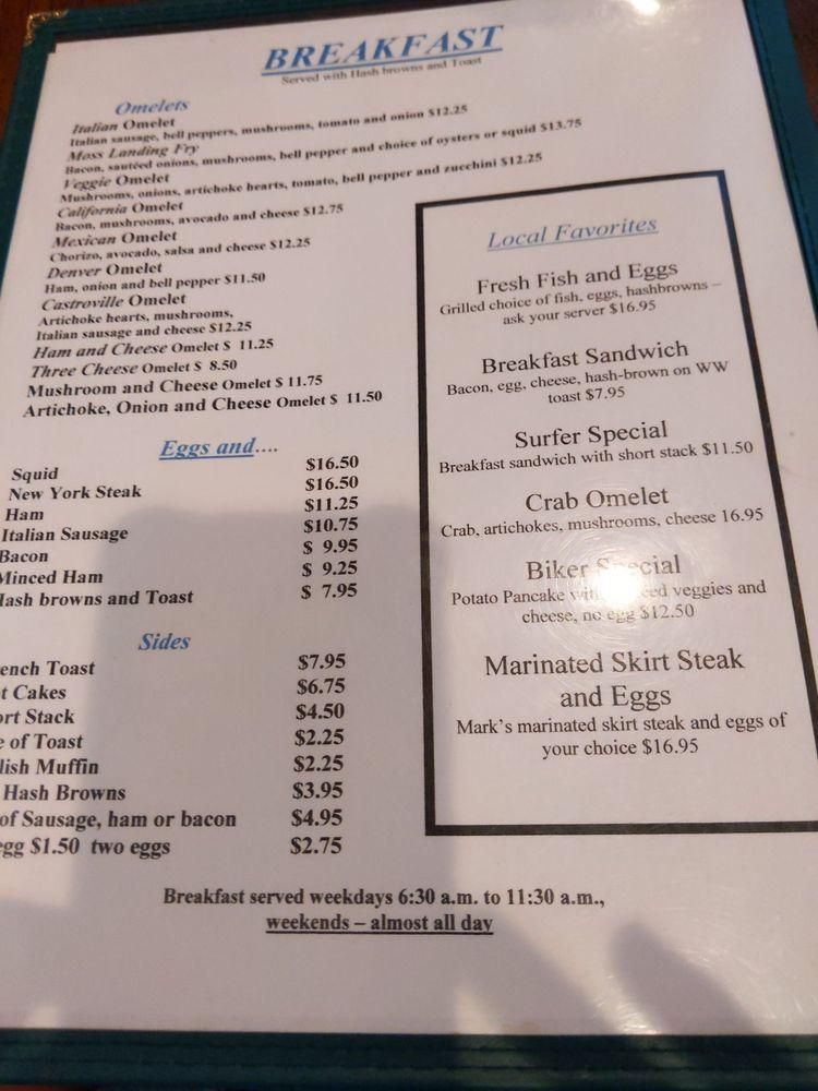 Menu at Moss Landing Cafe, Moss Landing