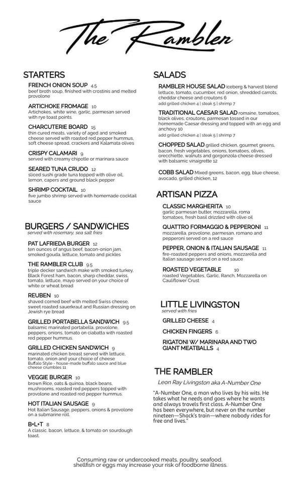 Menu at The Rambler restaurant, Cambridge Springs