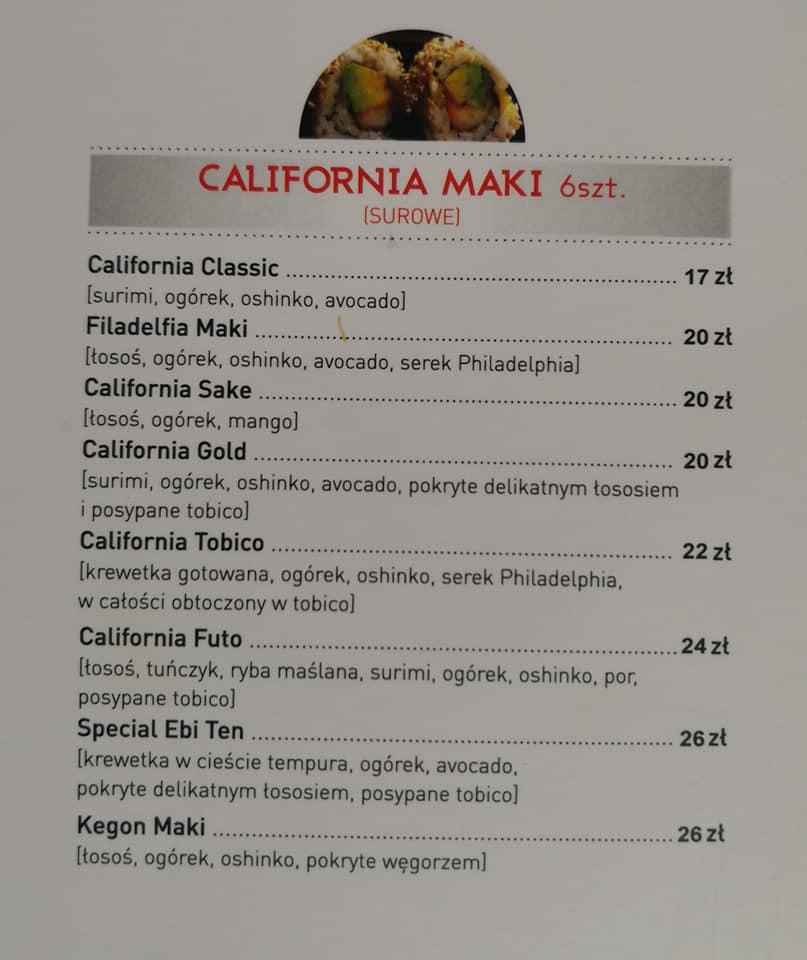 Menu at Yakuza Sushi restaurant, Warsaw, Łojewska 11