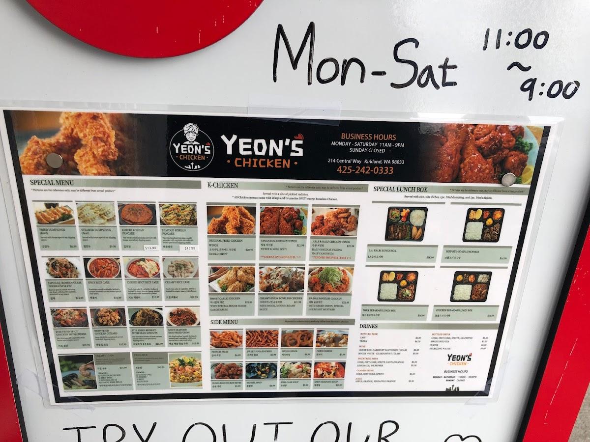 Menu at Yeon's Chicken restaurant, Kirkland