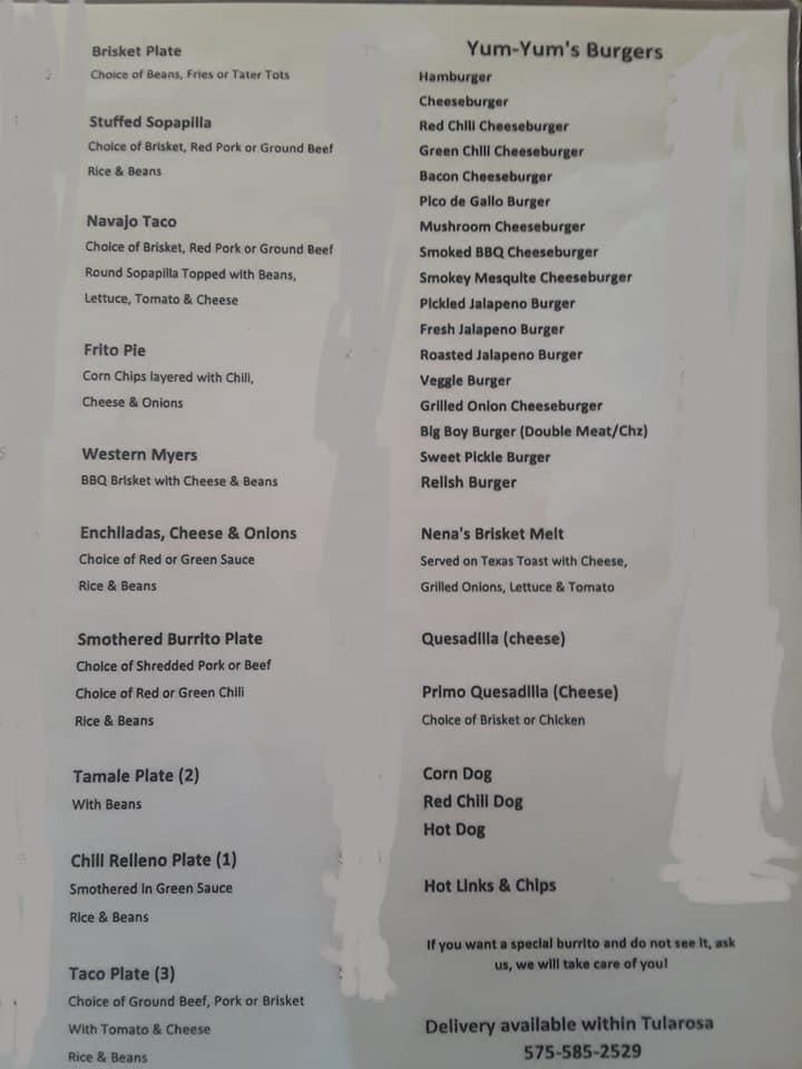 Menu at Yum-Yum's restaurant, Tularosa