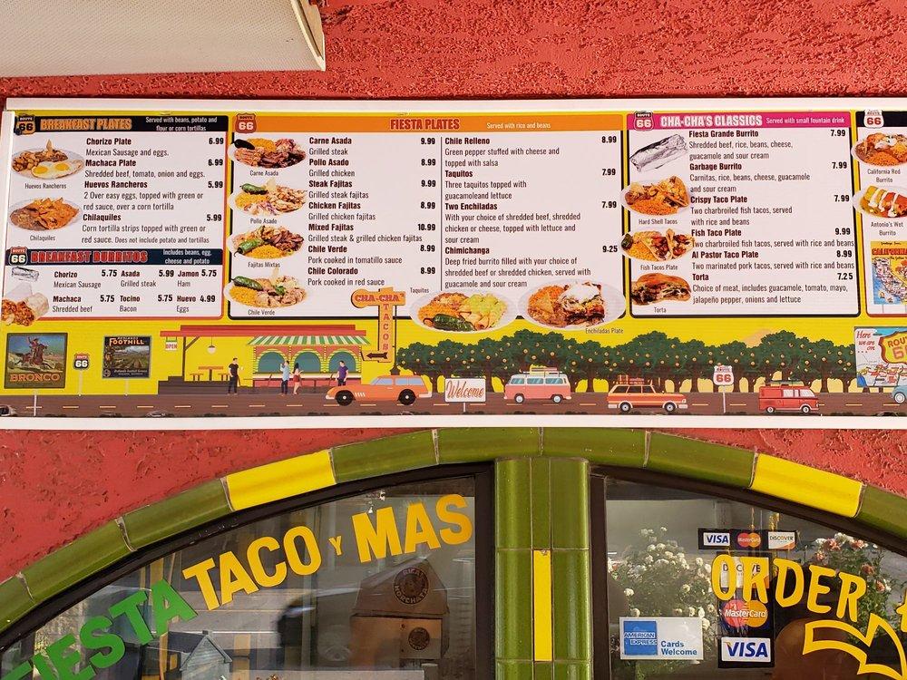 Menu at Cha-Cha's Tacos restaurant, Redlands