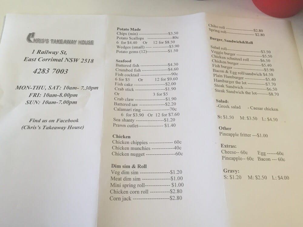 Menu at Chris's Takeaway East Corrimal fast food, East Corrimal