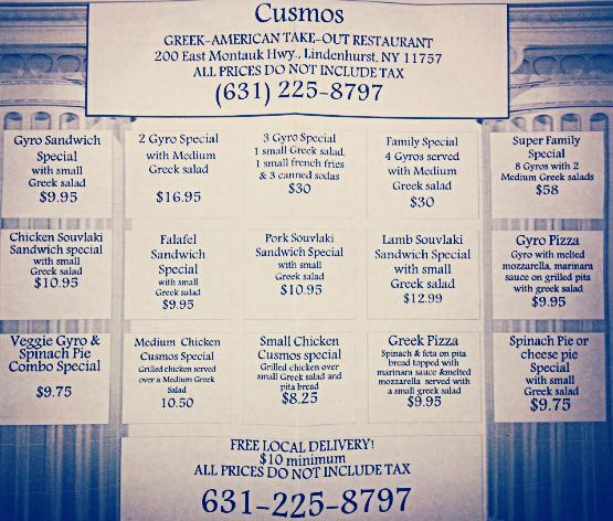 Menu at Cusmos Greek American Restaurant, Lindenhurst