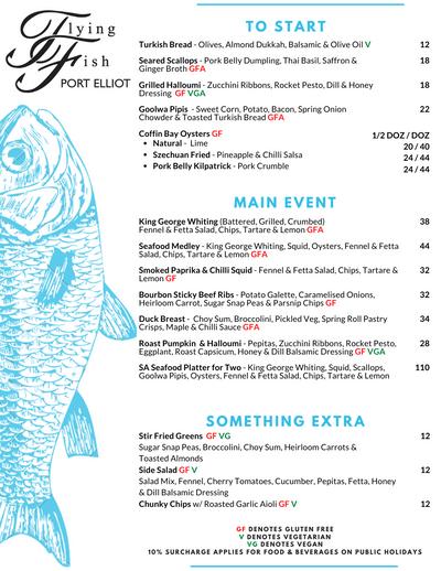 Menu at Flying Fish restaurant, Port Elliot