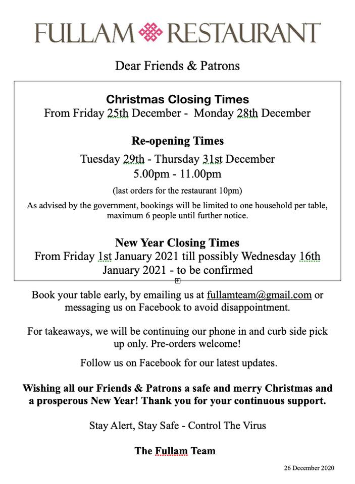 Menu at Fullam Restaurant, Barnstaple