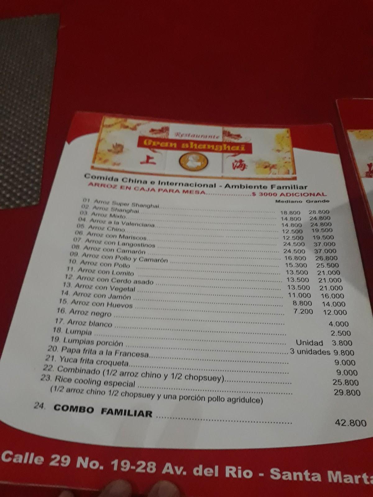 Menu at Gran Shanghai restaurant, Santa Marta