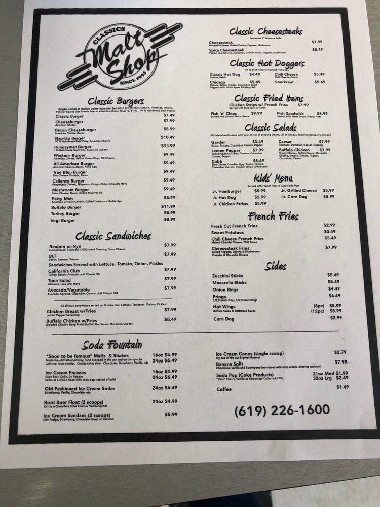 Menu at Midway Classic Malt Shop restaurant, San Diego, Midway Dr Suite B
