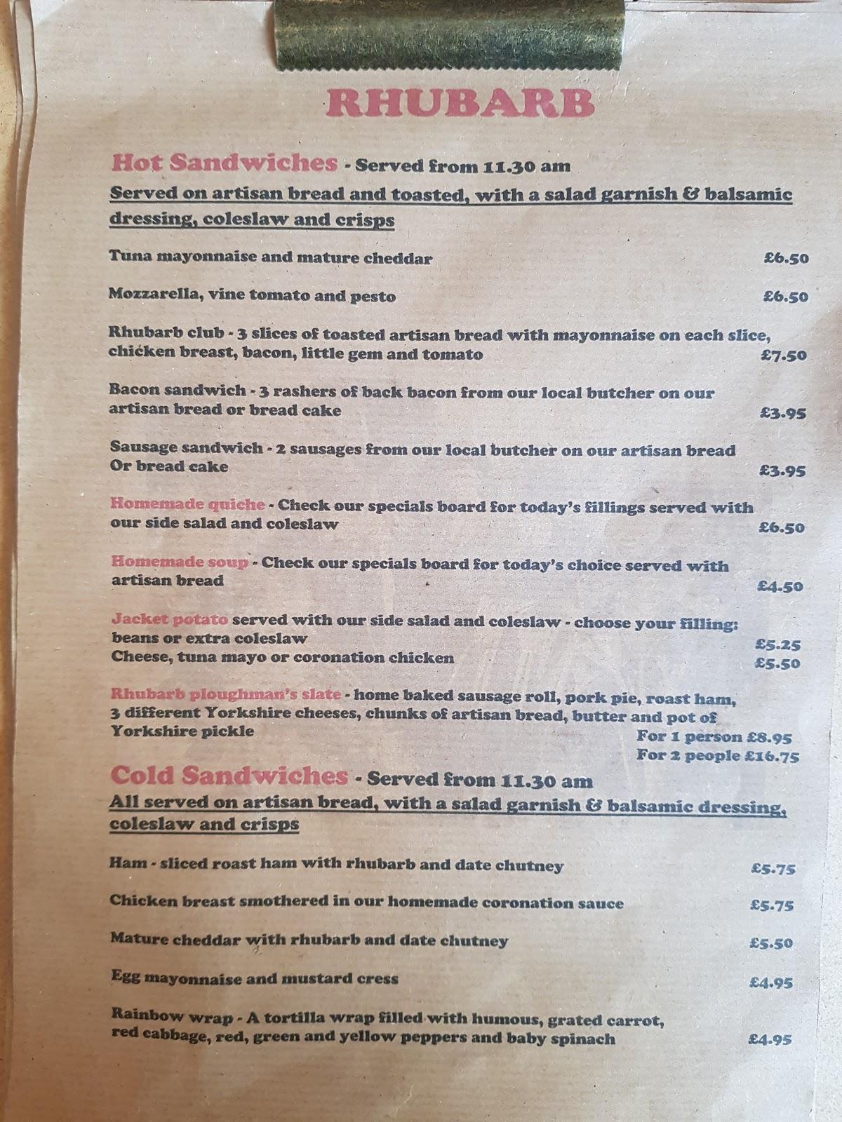Menu at Rhubarb, Knottingley