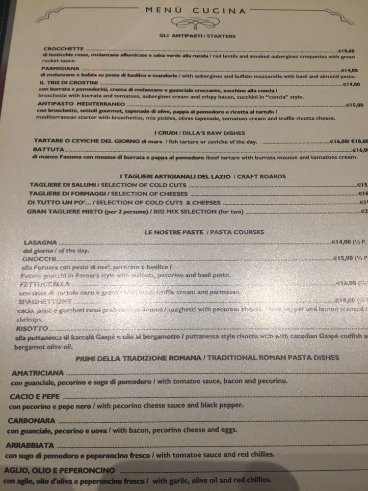 Menu at Ristorante Dillà, Rome