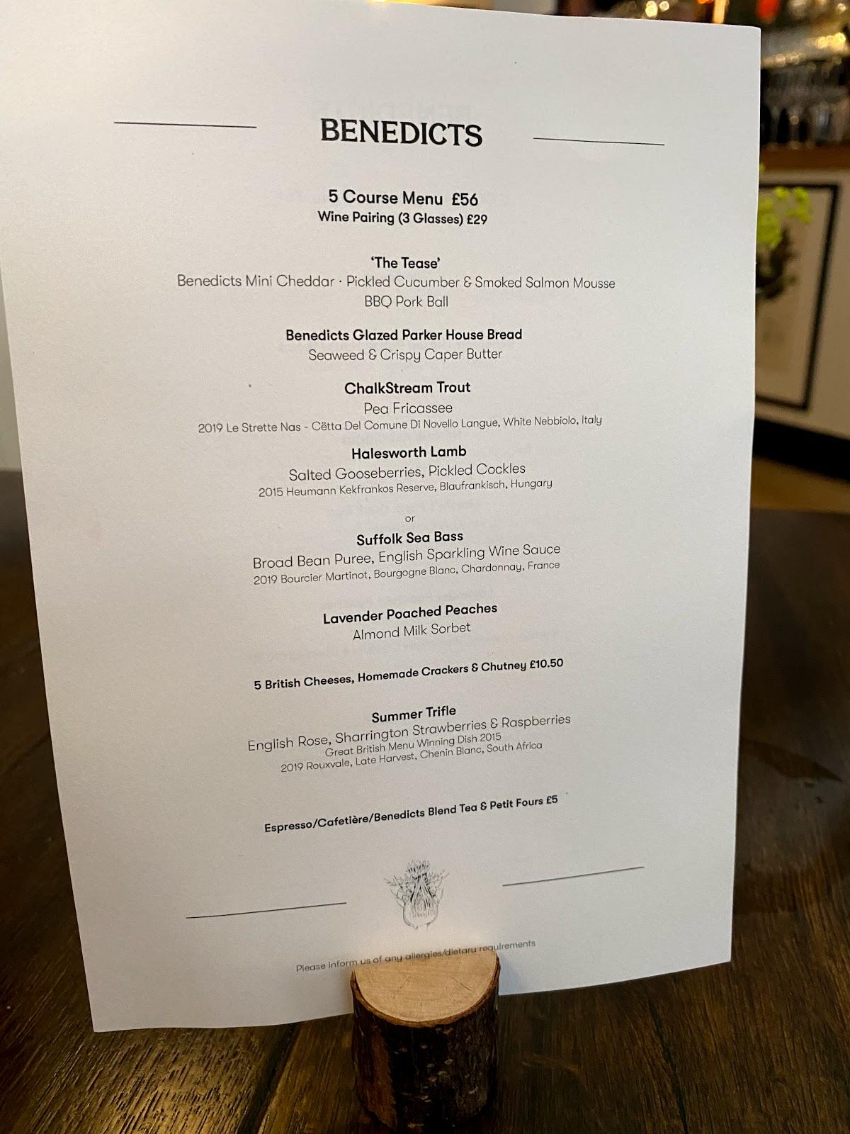 Menu at Benedicts restaurant, Norwich, 9 St Benedicts St