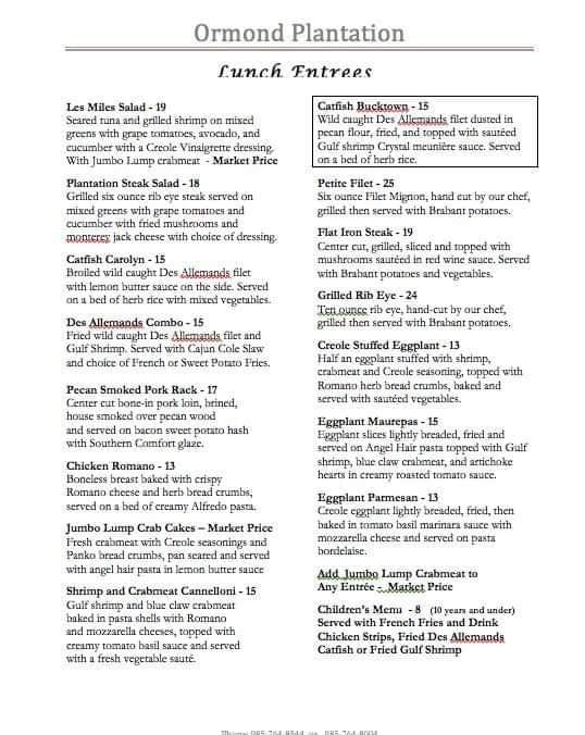 Menu at Ormond Manor restaurant, Destrehan