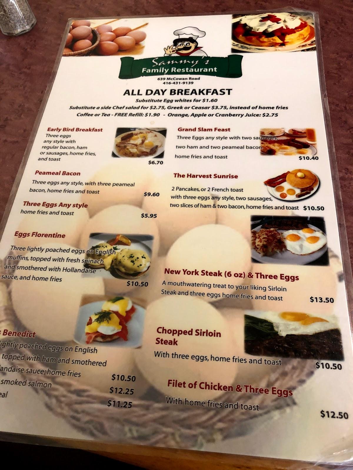 Menu at Sammy's Family Restaurant, Toronto, 639 McCowan Rd