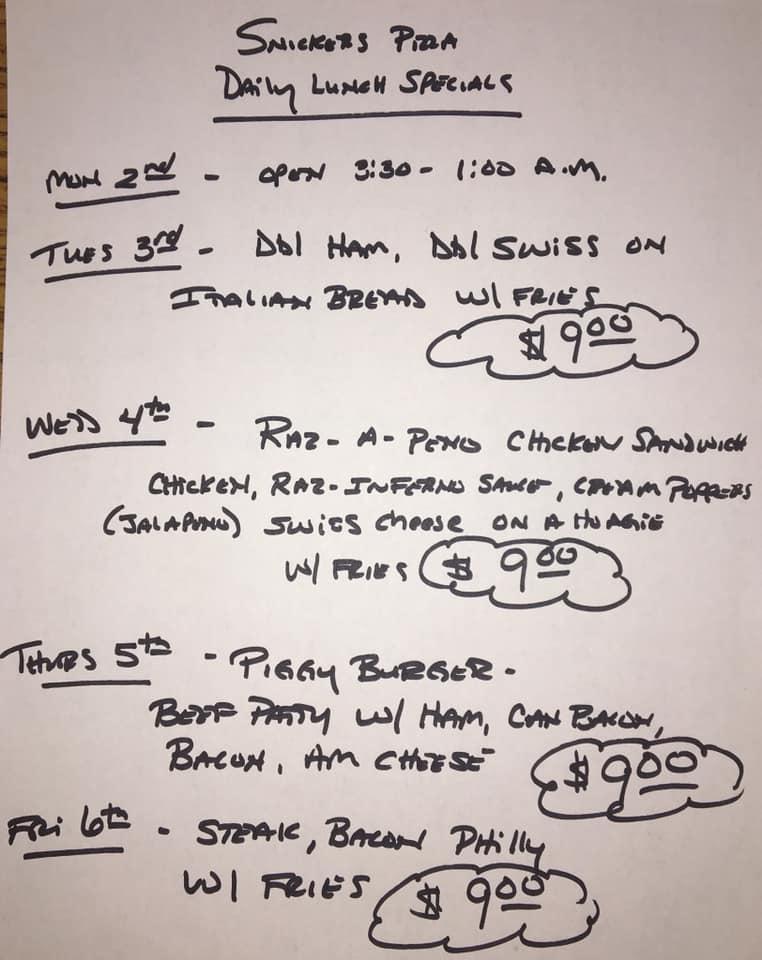 Menu at Snickers Lounge pub & bar, Eveleth