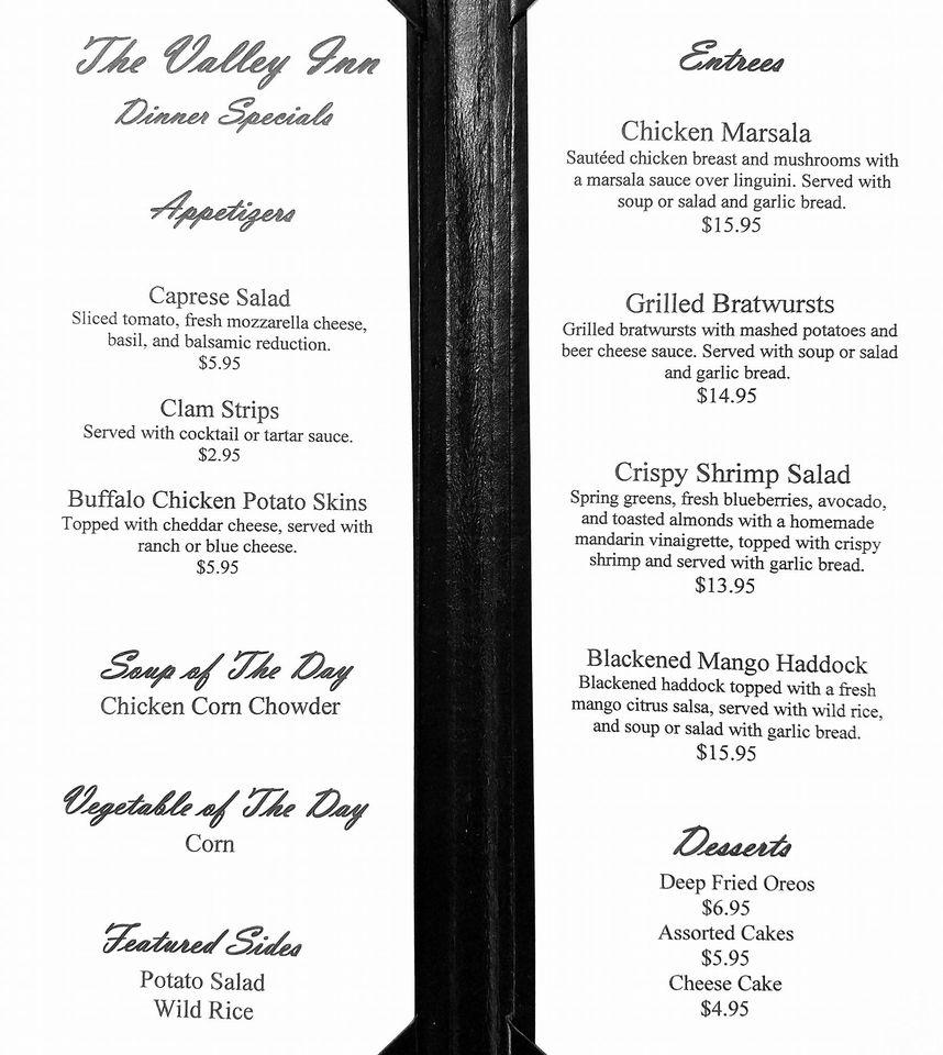 Menu at Valley Inn pub & bar, Williamsport