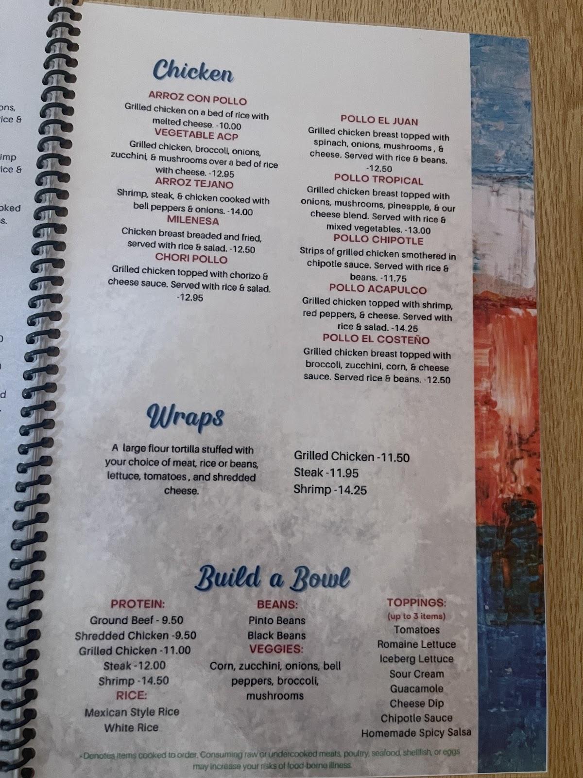 Menu at Ana's Tex Mex restaurant, Whiteville