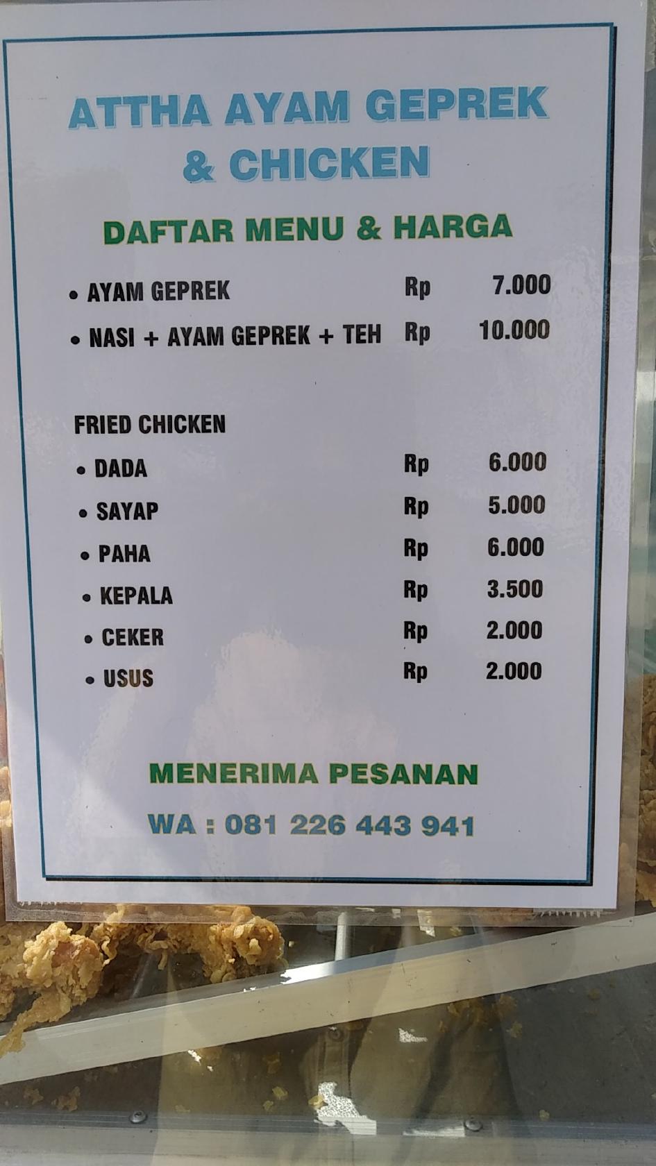 Menu at Ayam Geprek Attha restaurant, Jati Kulon