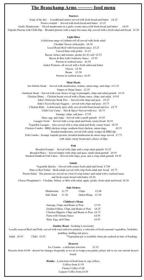 Menu at The Beauchamp Arms pub & bar, Dymock, The Village