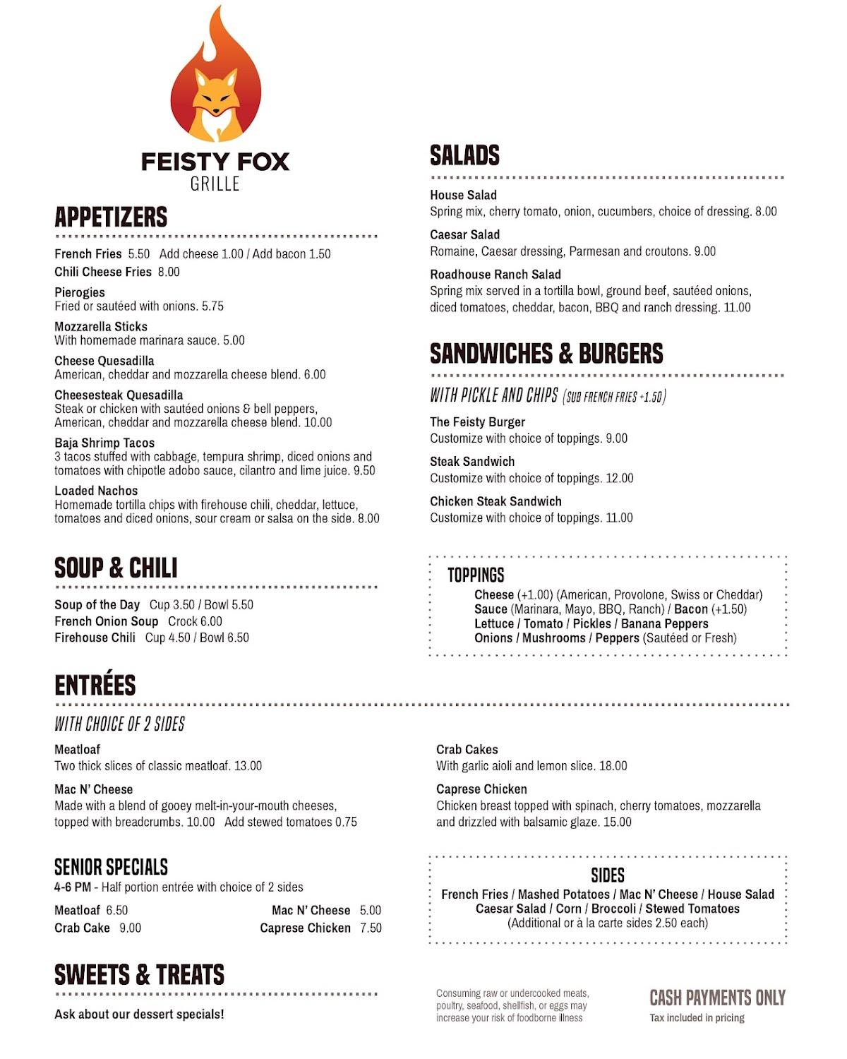 Menu at Feisty Fox Grille restaurant, New Ringgold