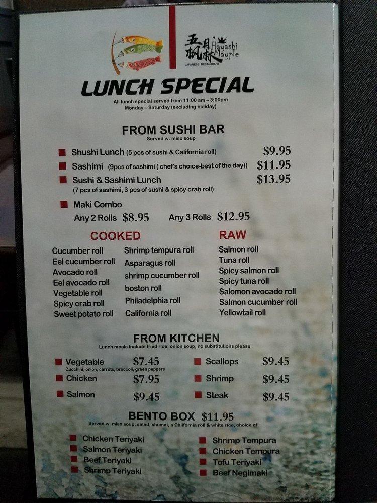 Menu at Hayashi Maple restaurant, Chardon
