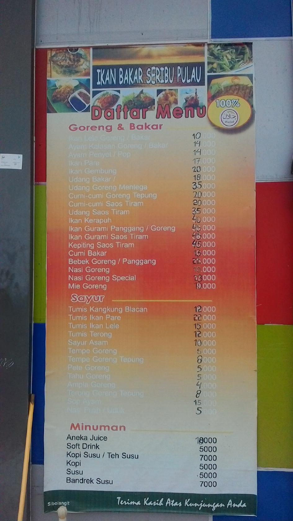 Menu at IKAN BAKAR SERIBU PULAU restaurant, Indonesia