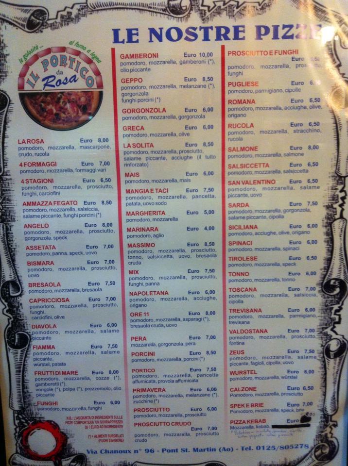 Menu da Il Portico pizzeria, Pont-Saint-Martin