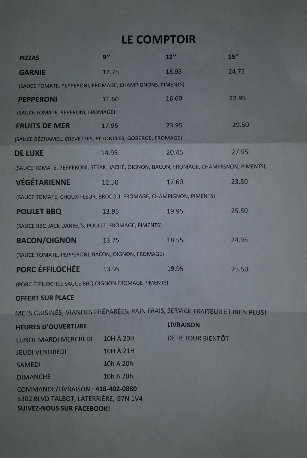 Menu at Le Comptoir restaurant, Saguenay