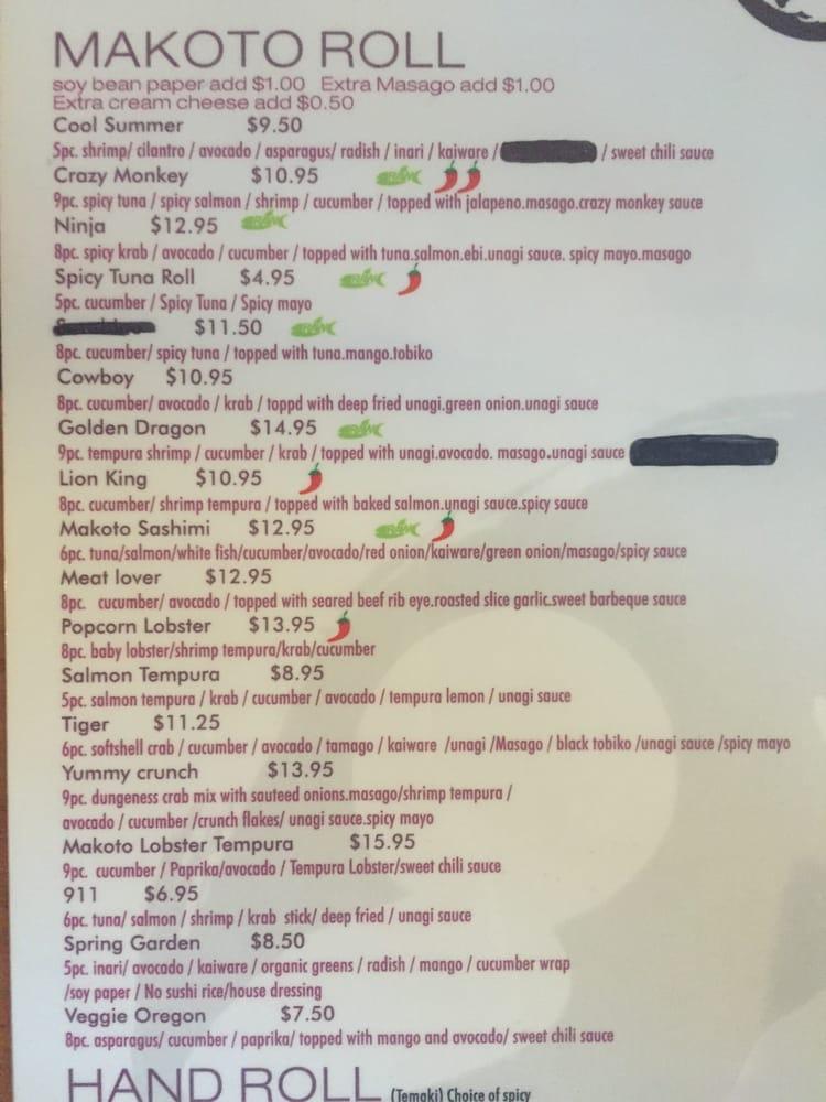 Menu at Makoto Japanese Restaurant, Eugene