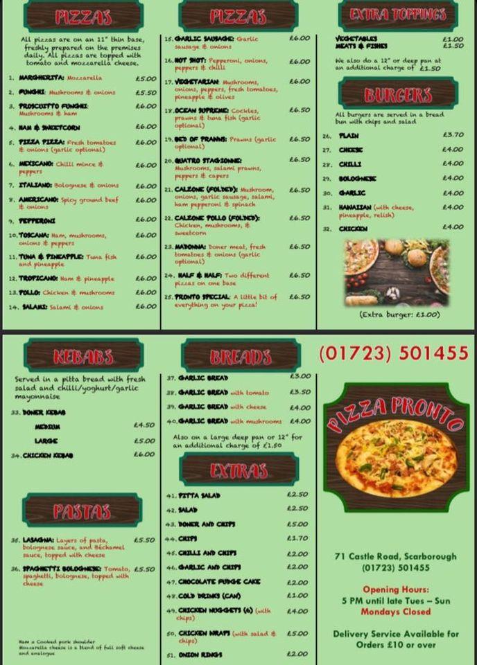 Menu at Pizza Pronto pizzeria, Scarborough