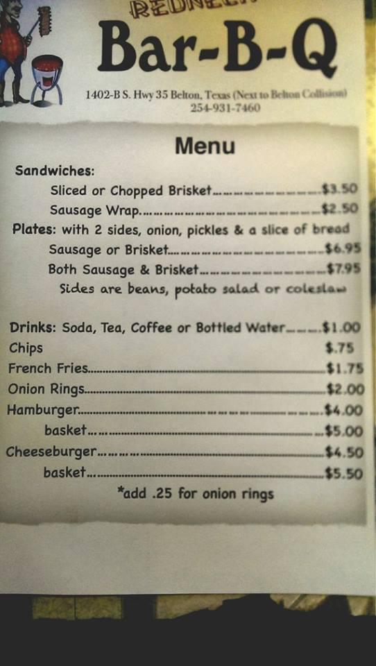 Menu at Redneck BBQ, Belton