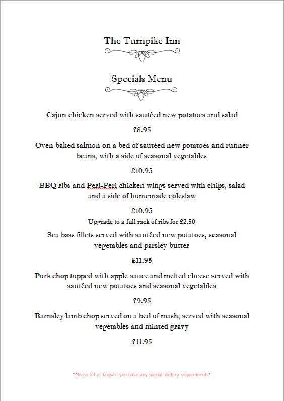 Menu at Turnpike Inn pub & bar, Hayle