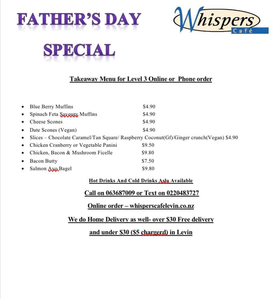 Menu at Whispers Cafe, Levin