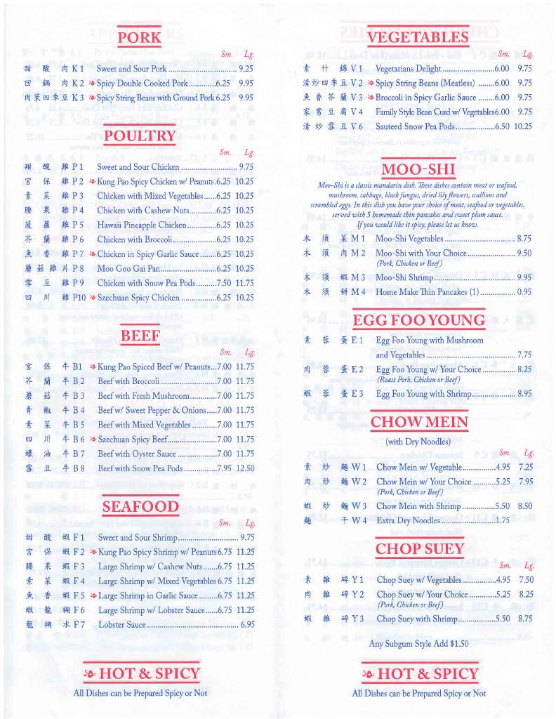 Carta del restaurante Zeno's II, Rehoboth
