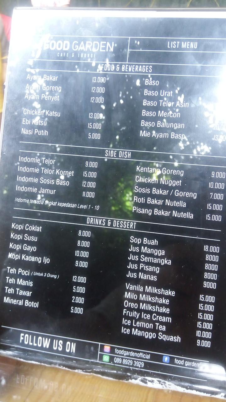 Menu at Food Garden cafe, Tangerang