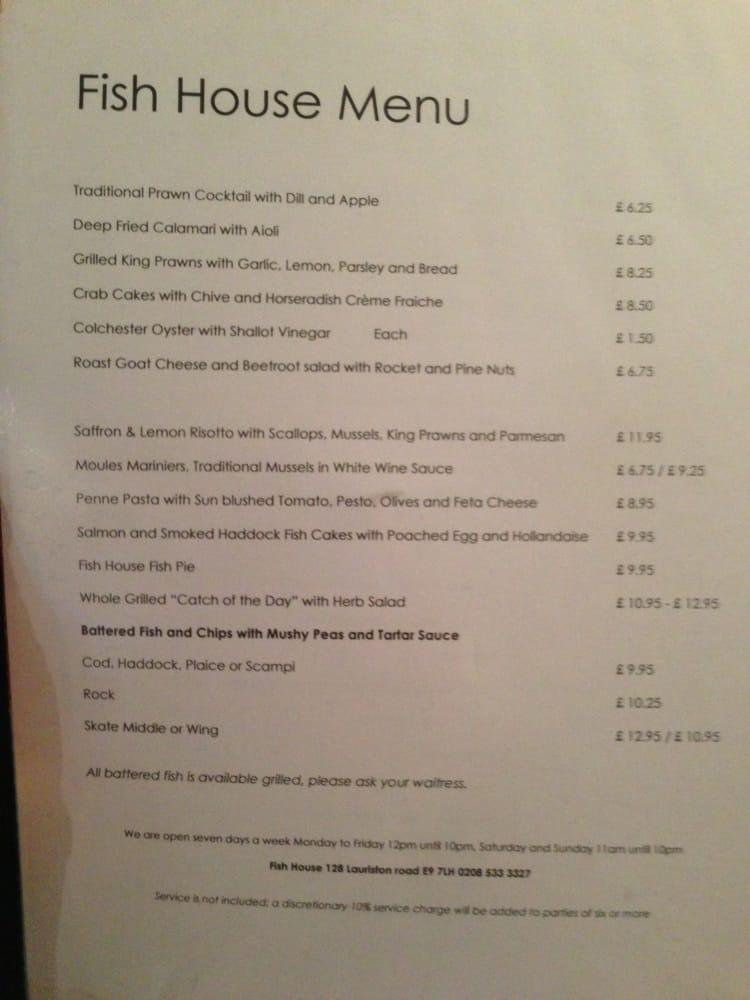 Menu at Fish House restaurant, London, 128 Lauriston Rd