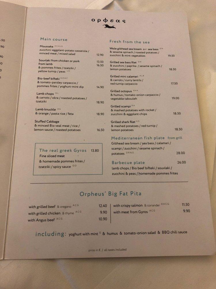 Menu at Restaurant Orpheas, Vienna
