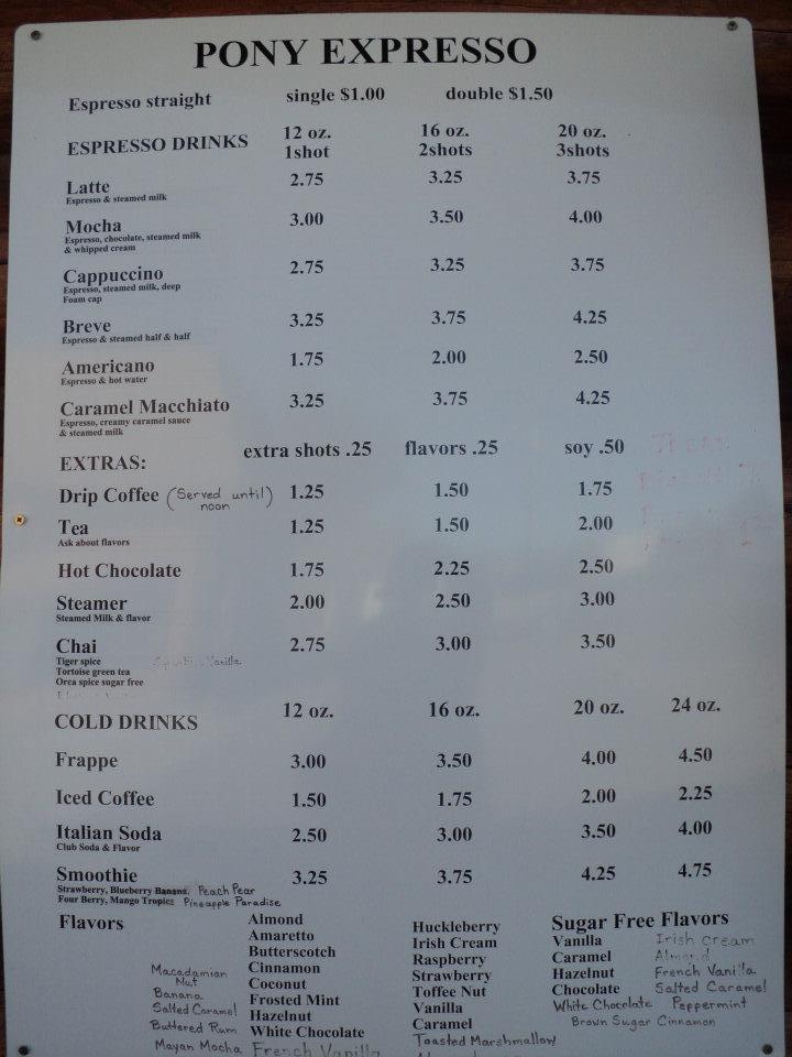 Menu at Pony expresso restaurant, Deer Lodge