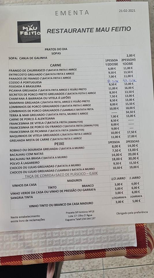 Menu at Mau Feitio restaurant, Aveiro
