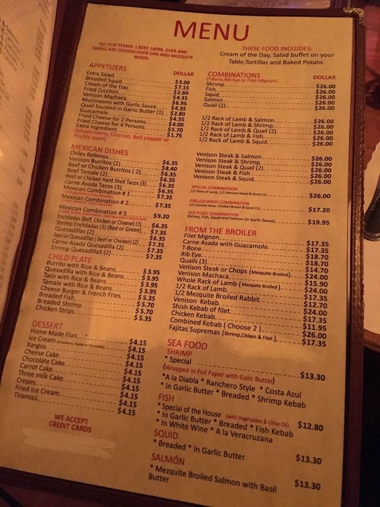 Menu at Tapanco steakhouse, Rosarito