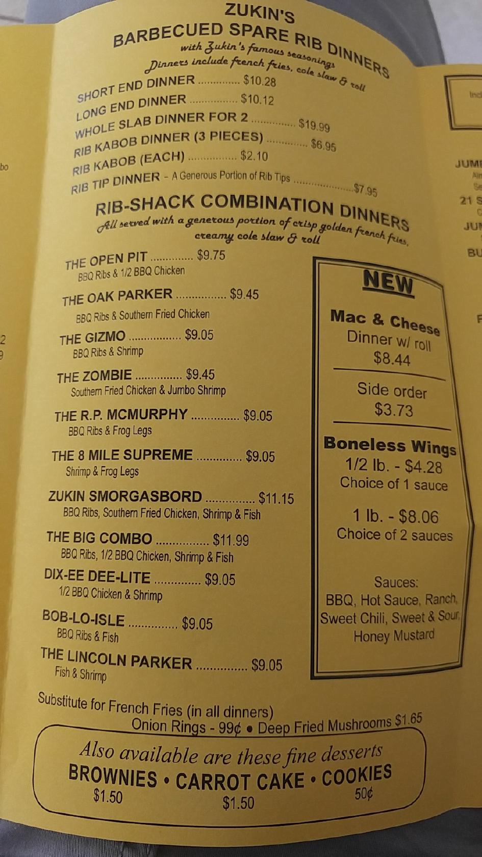 Menu at Zukin's Rib Shack BBQ, Lincoln Park