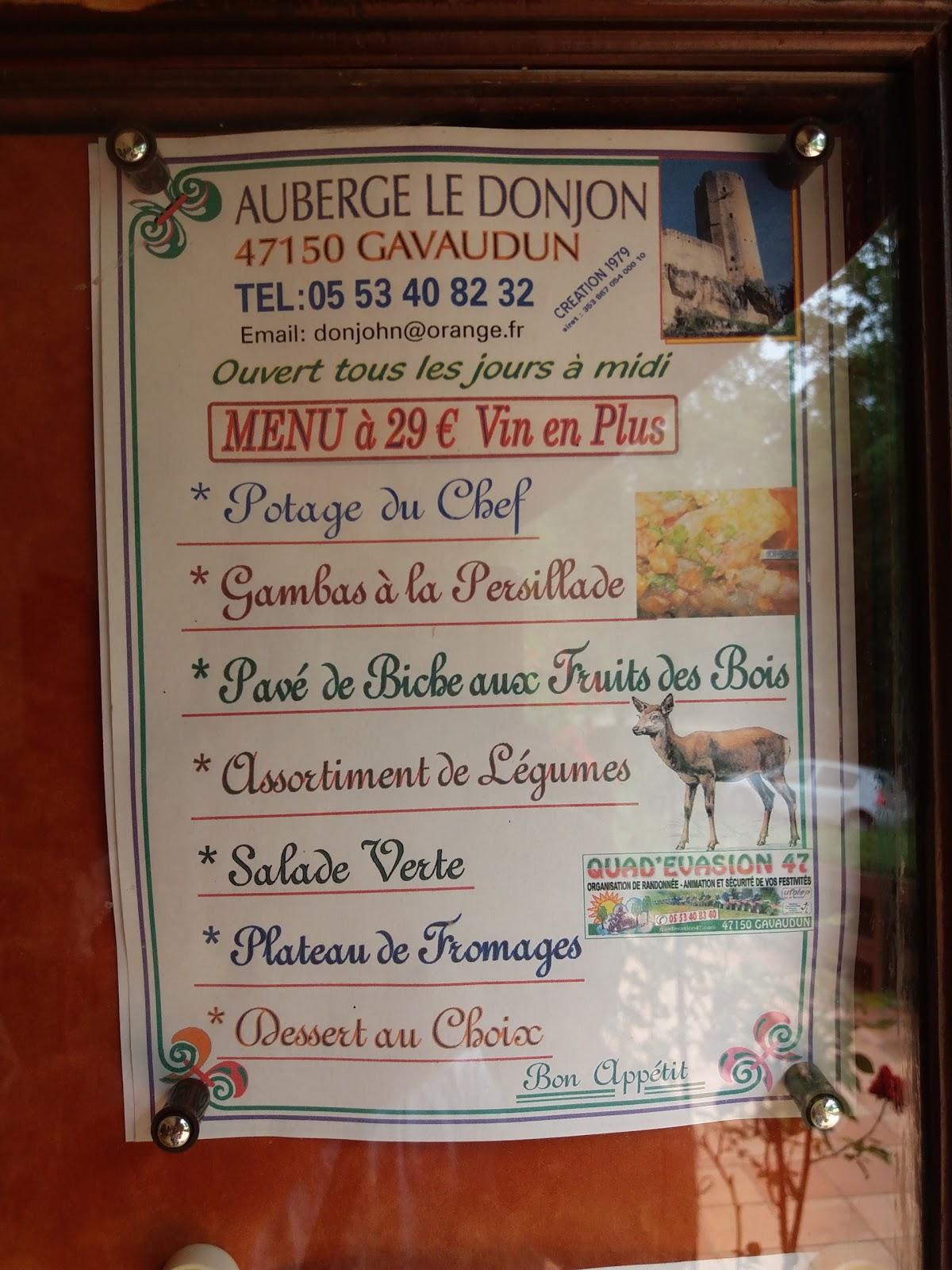 Menu au Auberge Le Donjon restaurant, Gavaudun
