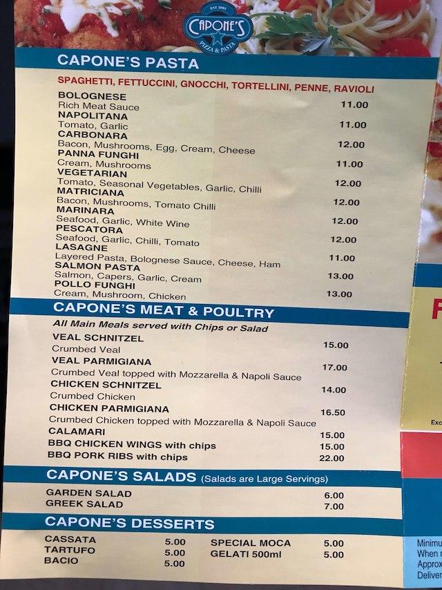 Menu at Capone's Pizza & Pasta Research pizzeria, Research