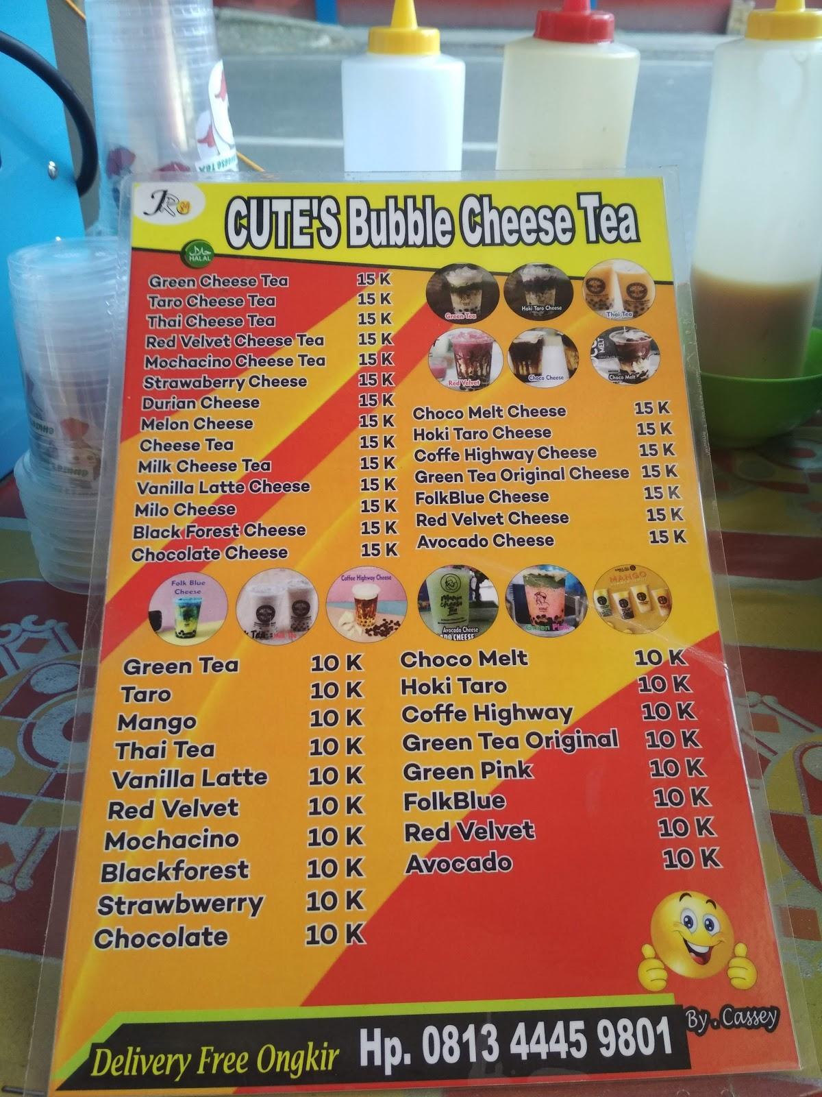 Carta del café Cute's bubble cheese tea, Luwuk