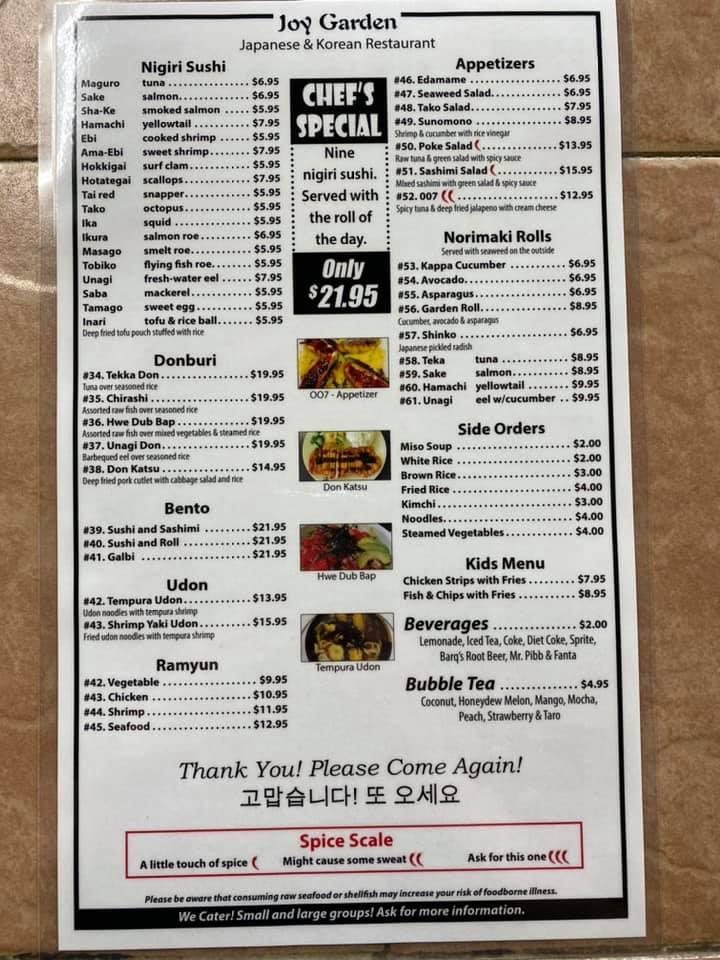 Menu at Joy Garden restaurant, Yakima