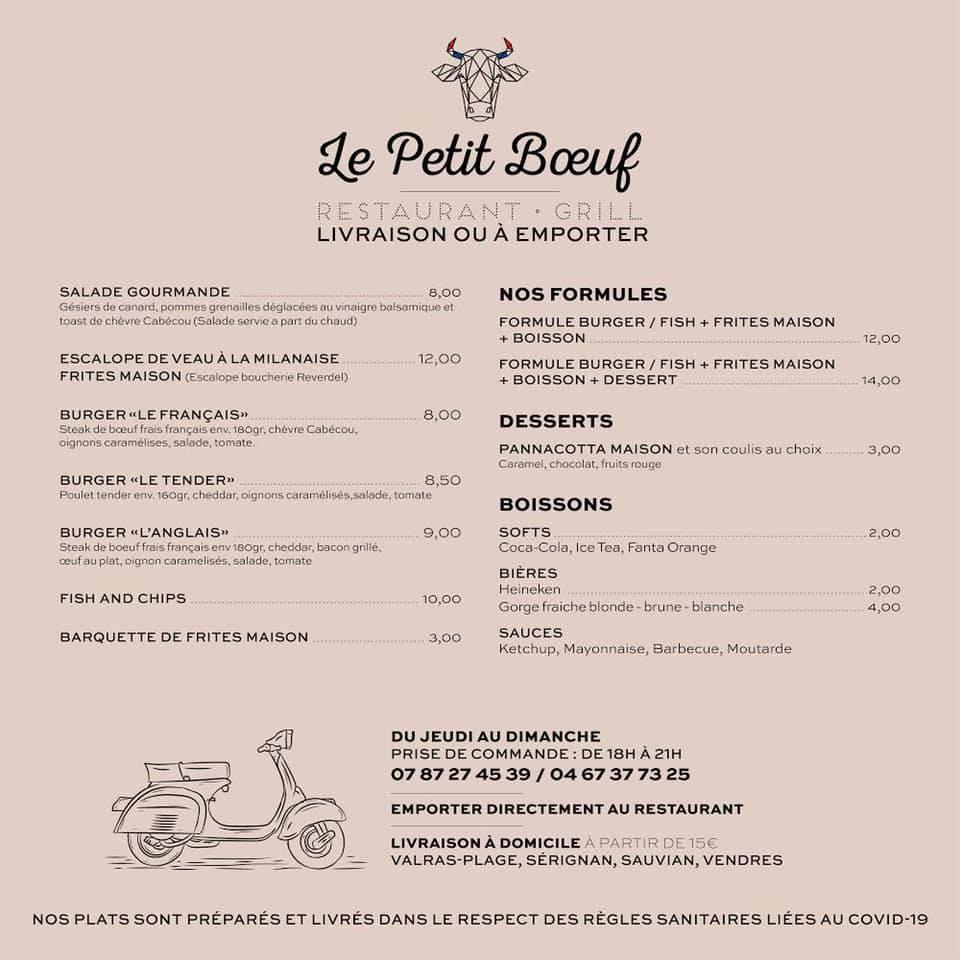 Menu at Le Petit Bœuf restaurant, Valras-Plage