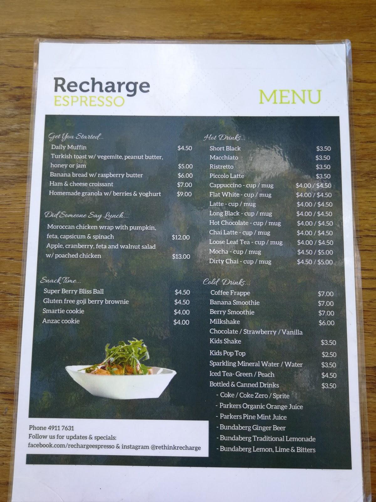 Menu at Recharge Espresso cafe, Newcastle West