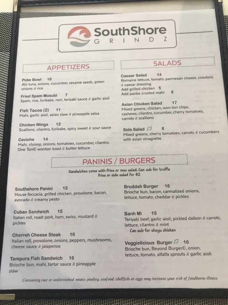Menu at Southshore Grindz restaurant, Kihei