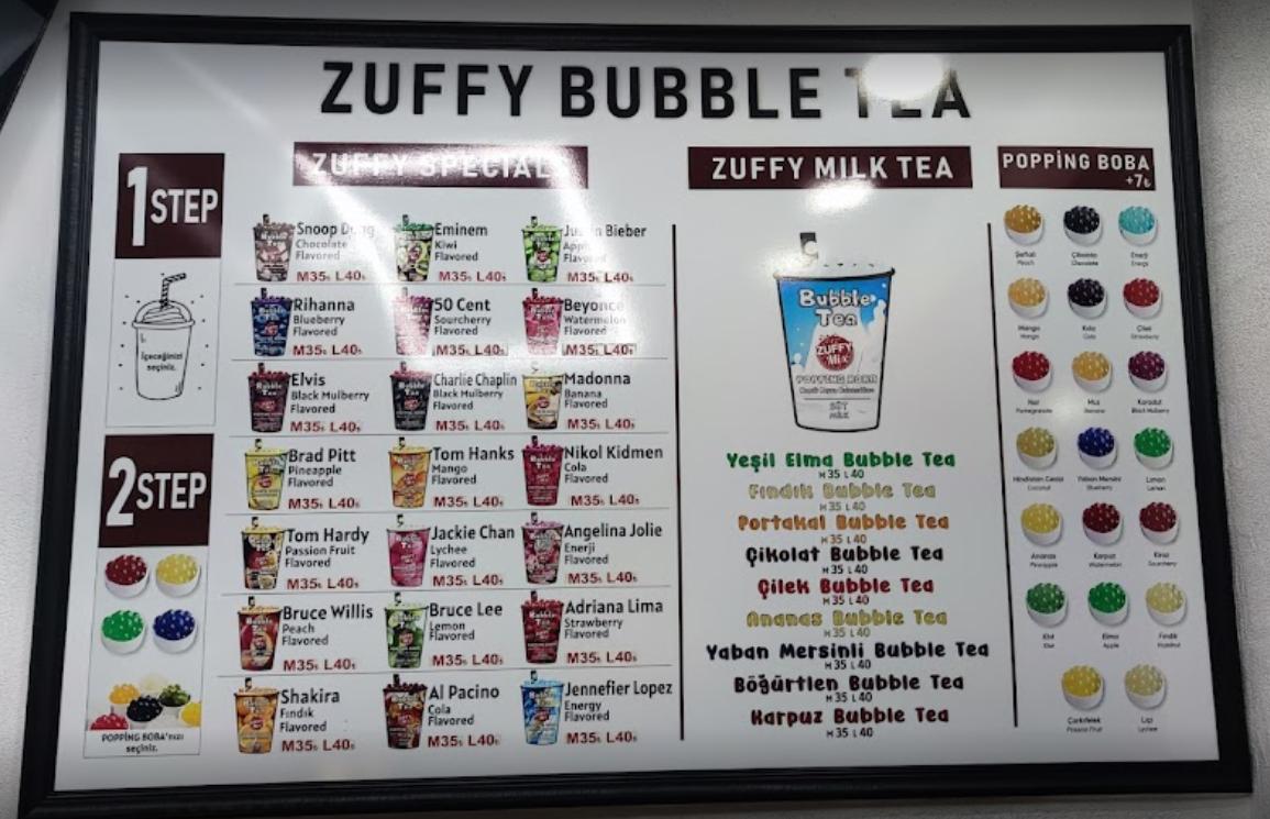 Menu at Zuffy Bubble Tea, Istanbul