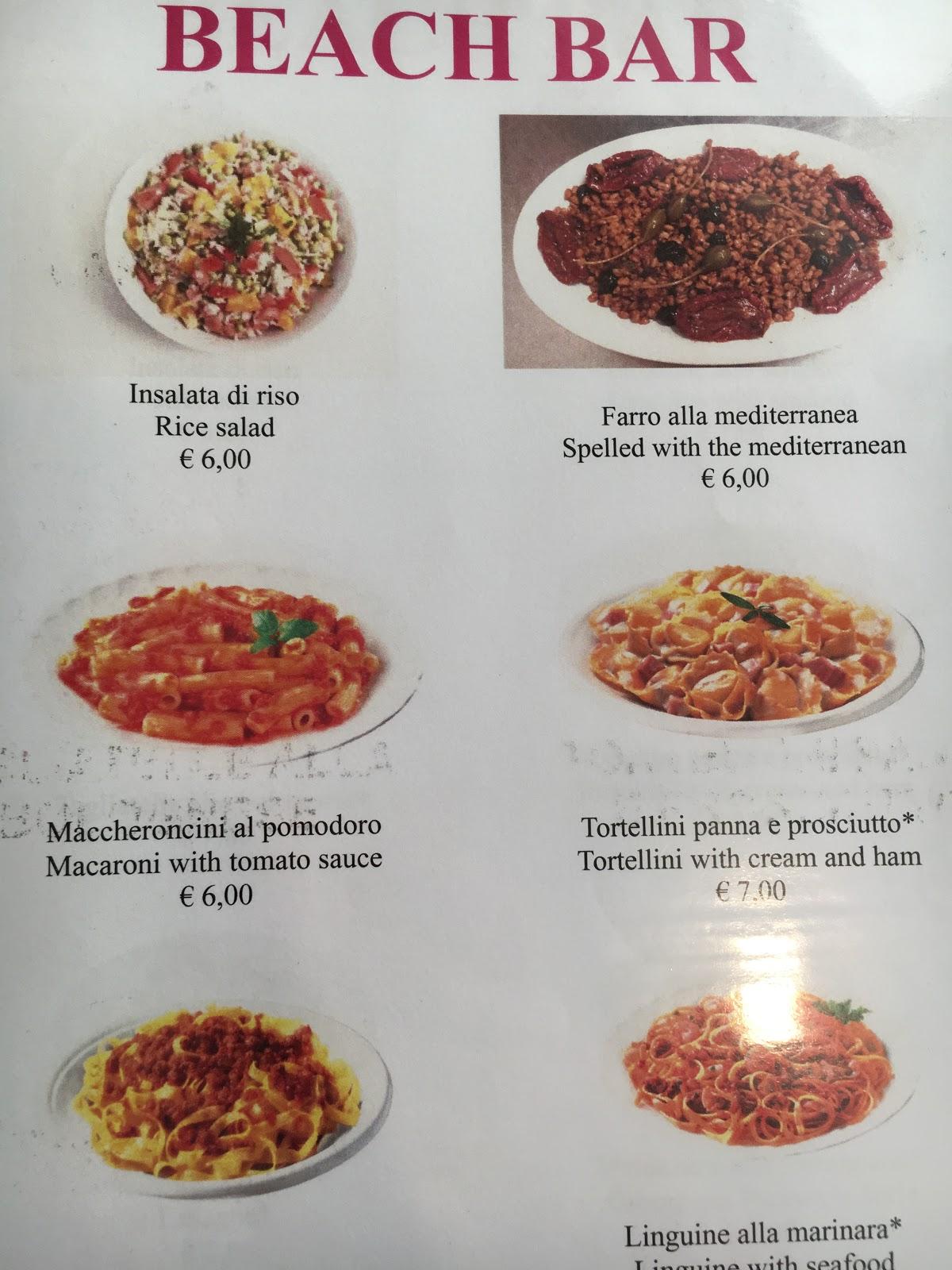Menu at Beach bar, Bellaria, Via Cristoforo Colombo